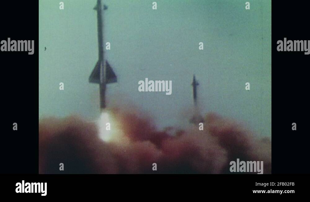 1980s: UNITED STATES: rockets fired into sky. Missile launch. Moscow ...