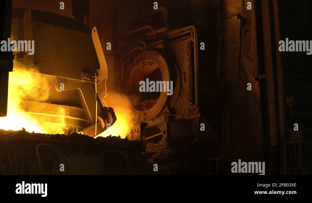 Steelmaking, furnace view for steel melting, metal loading process for ...