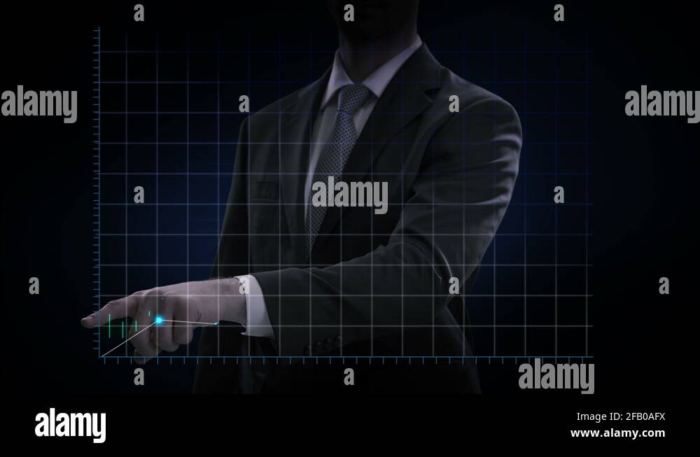 Businessman finger up, animated Stock Market and graphs. Increase blue ...