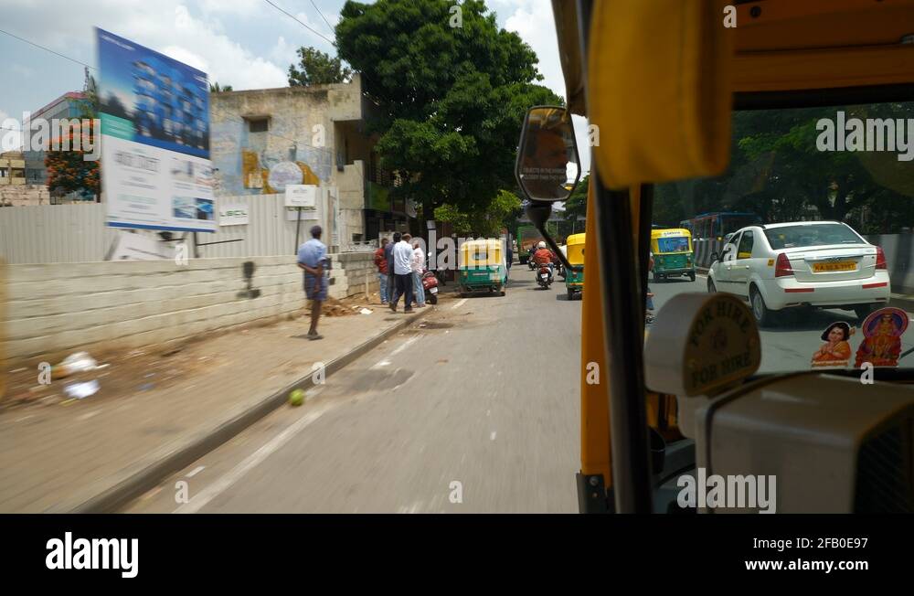 sunny bangalore rickshaw road trip backside passenger pov panorama 4k ...