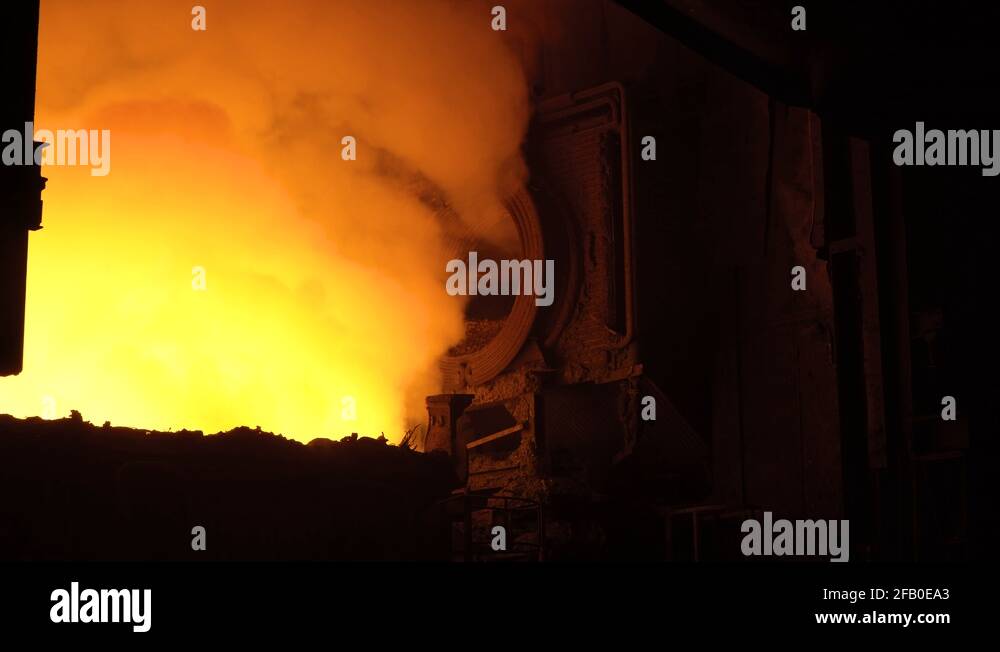 Steelmaking, furnace view for steel melting, metal loading process for ...