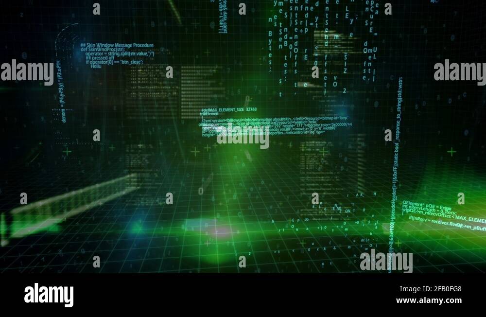 Digital data moving on a digital grid background with binary code ...