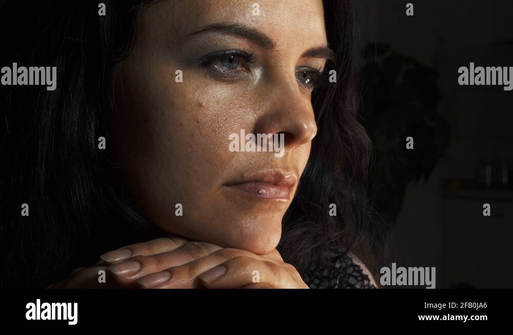 5K Serious Thinking Woman Smiles in Camera. Dramatic Portrait Young ...