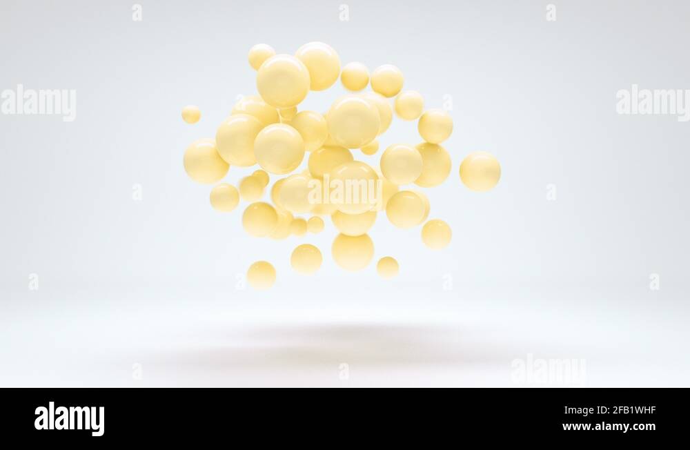 Abstract realistic 3d shapes pastel yellow balls flying. 4K render ...