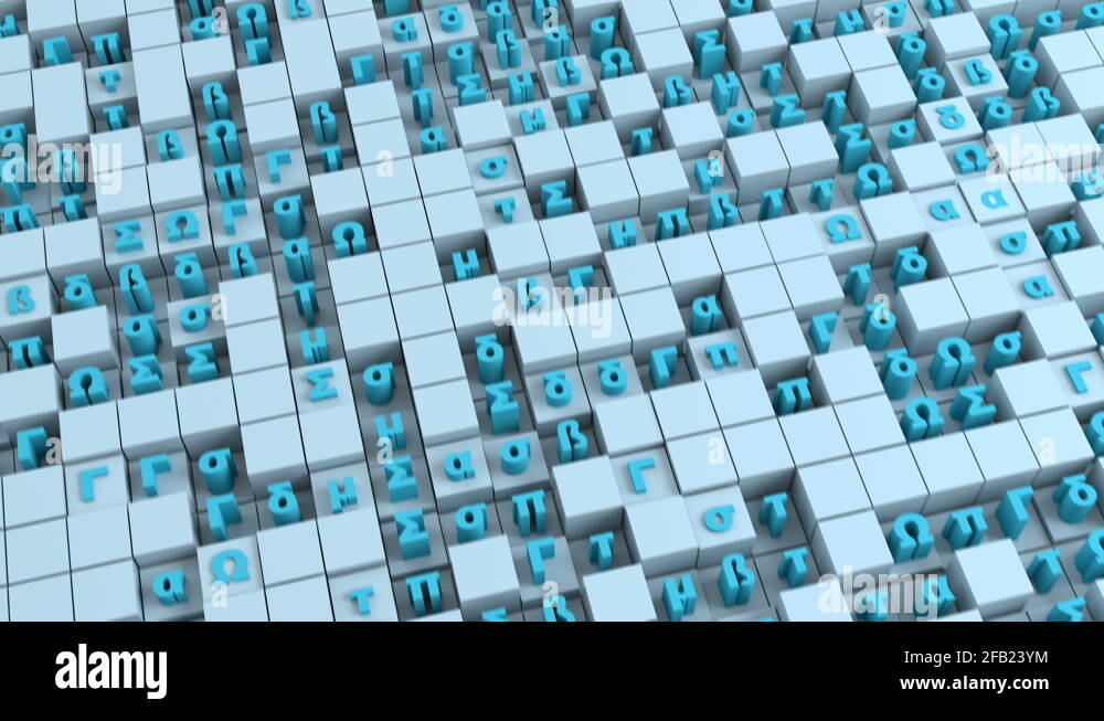 Blue symbols of greek alphabet and cubes seamless loop 3D render ...