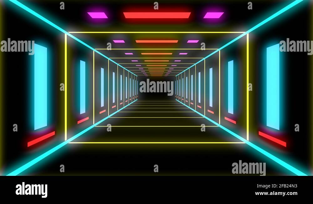 Neon tunnel loop. Dark futuristic corridor with neon lights. laser ...