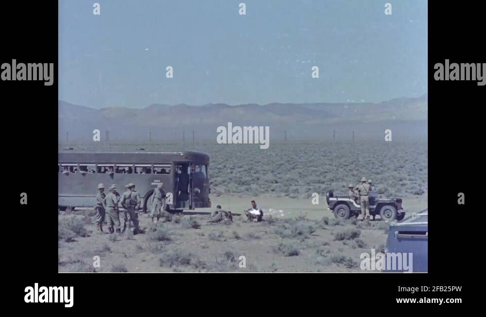 Military buses lined up at Camp Desert Rock - 1952 Stock Video Footage ...