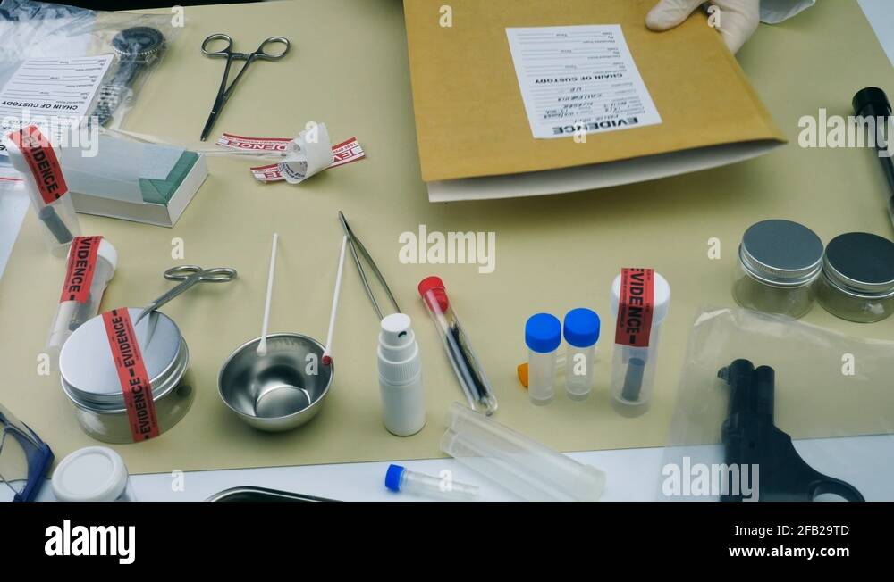 Scientific Police opens evidence bag with gun for analysis, conceptual ...