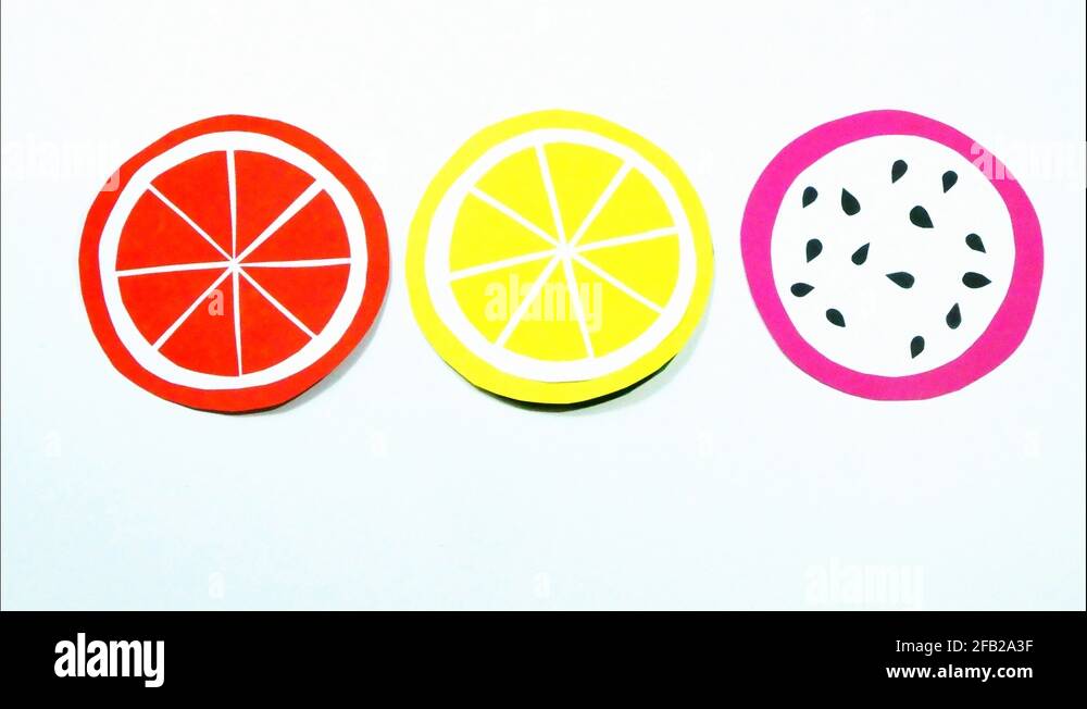 Colorful stop motion of five fruits made of cardboard that appear and ...