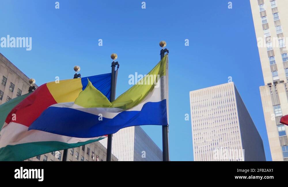 International flags from around the world. Pan of flags blowing in wind ...