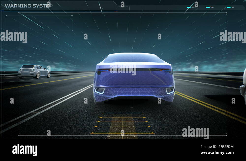 Autonomous driving. Road Lane alert with futuristic UI, IoT automotive ...