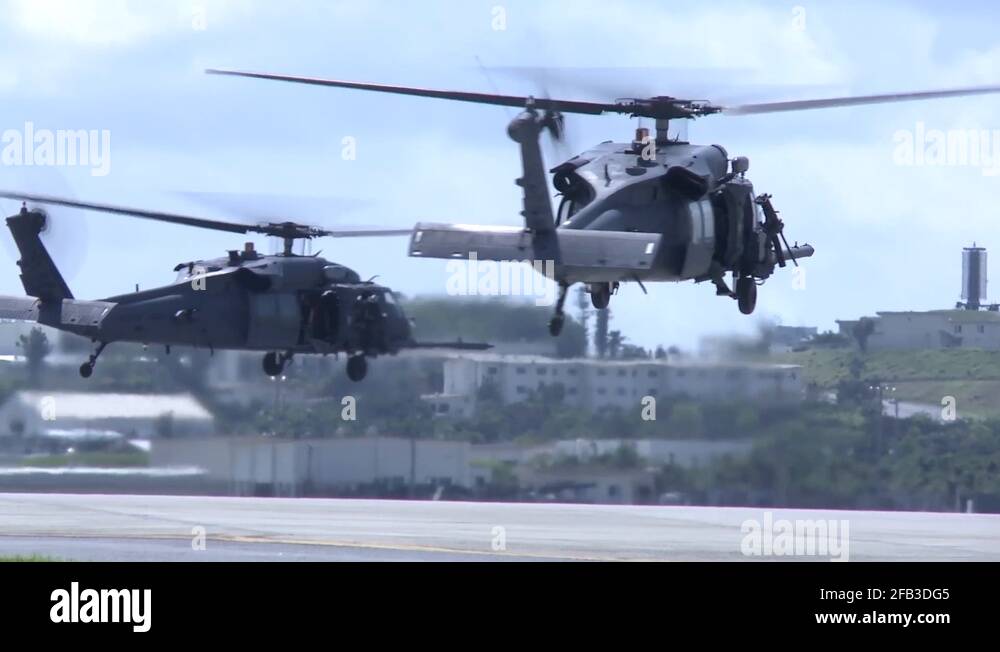 Helicopters from 33rd Rescue squadrons taking off during exercise ...