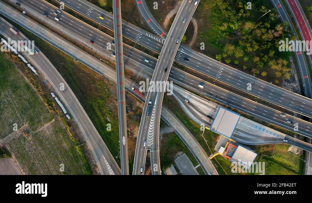 Aerial view and Top view. Traffic of expressways, motorways and ...