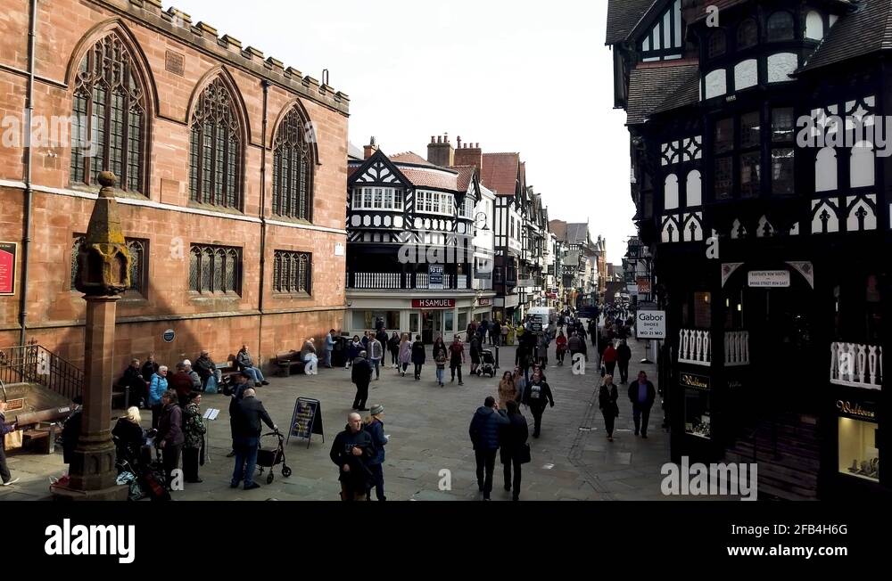 Black and white Tudor building facades of Chester, showing typical ...