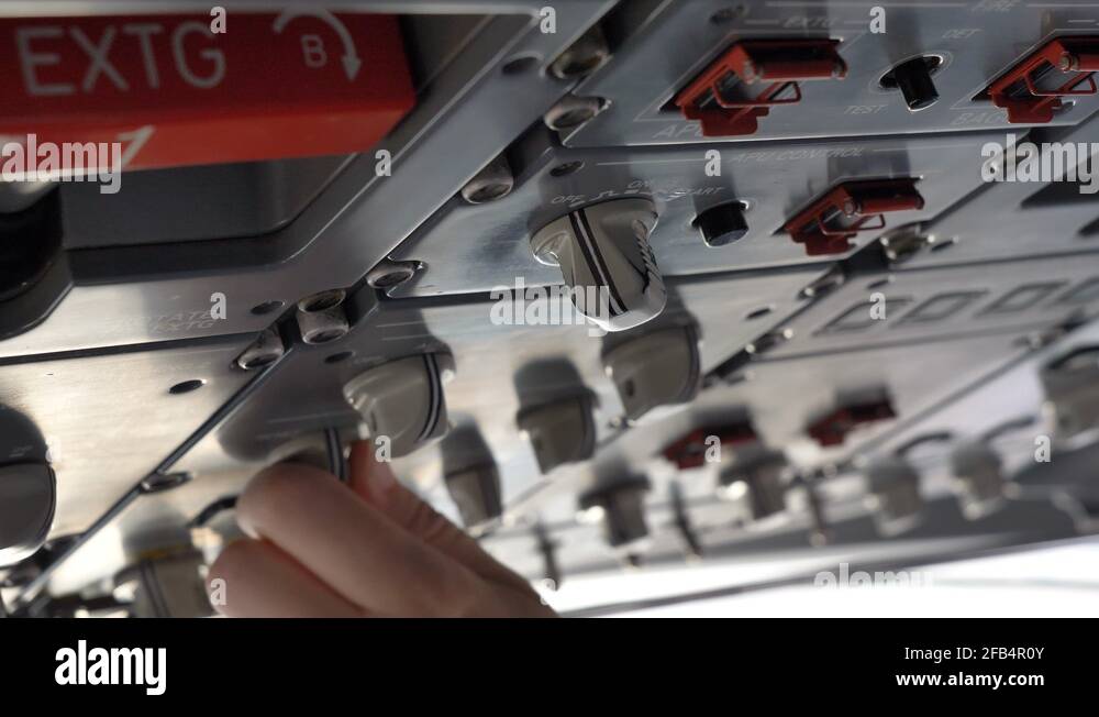 Close up view of the cockpit overhead panel of an aircraft, pilot ...