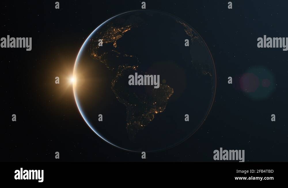 Slowly rotating realistic night earth from space with sun light lens ...