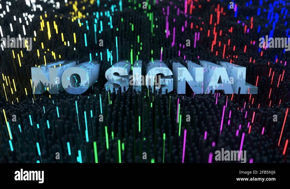 No signal text and glowing SMPTE color bars seamless loop 3D render ...