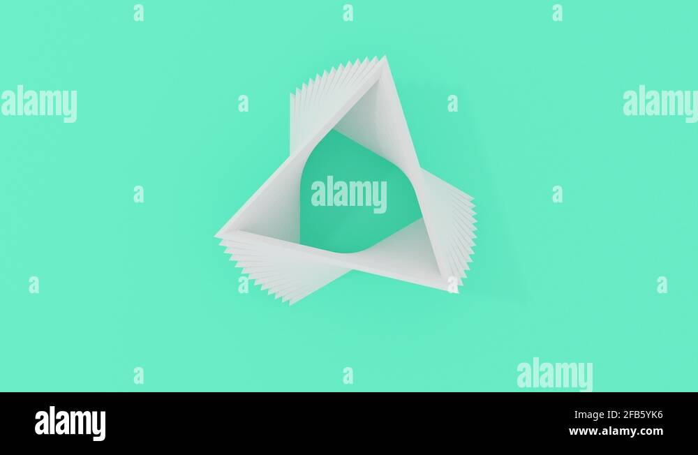 3D animation computer render of white triangle flying up and twist ...