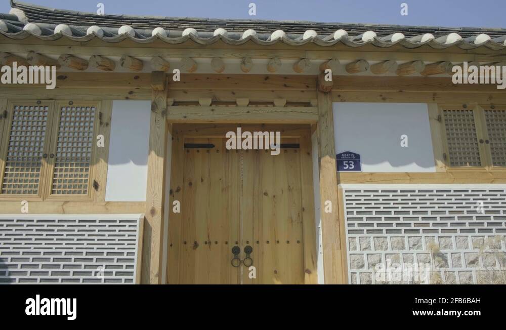 Pan Left Traditional House Front Facade Reveal Neighbor Hanok Village ...