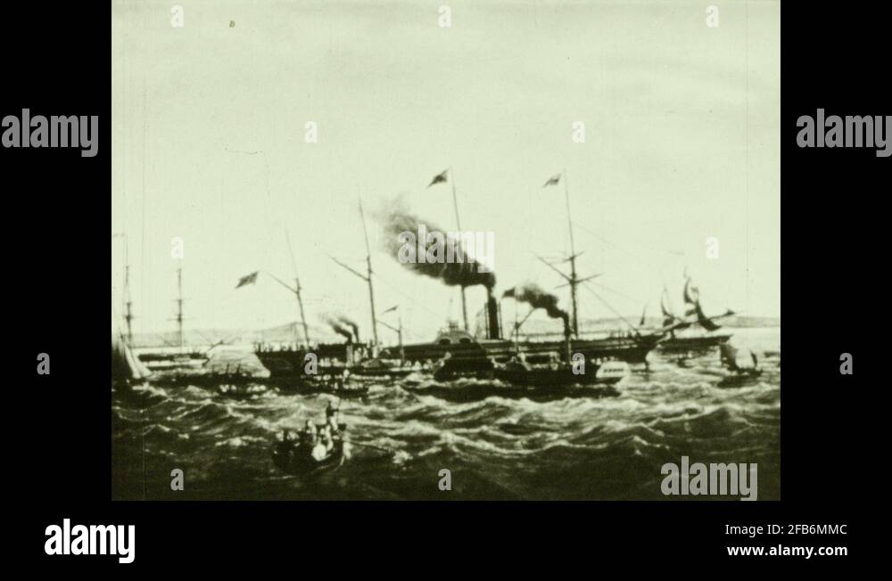 1940s: Ocean, steam engine ship. Map of United States, rivers, railroad ...