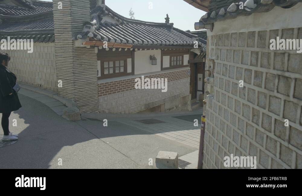 Forward POV Turn Reveal Top Hill View Traditional Hanok Village Street ...