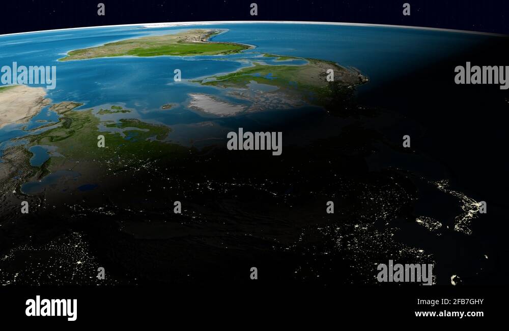 Zoom out from a flat Earth 3D Model. Side view without clouds. Asia ...