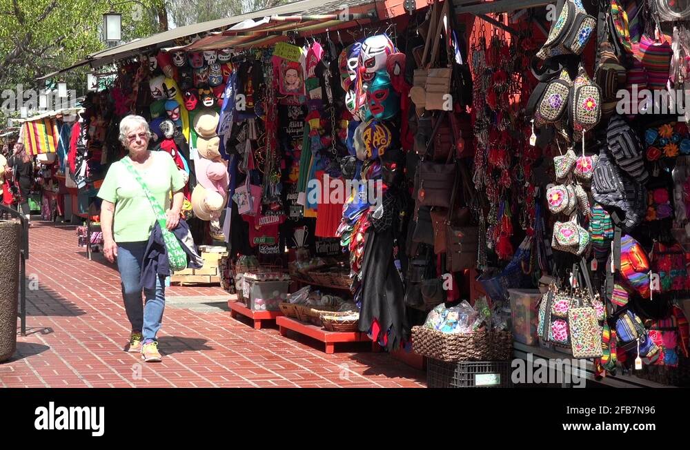 Merchant booths on the historic Olvera Street in Los Angeles Stock ...