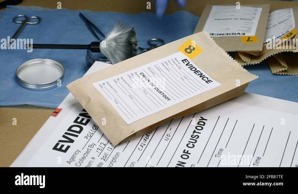 Scientific police officer examining evidence bags labeled in ballistic ...