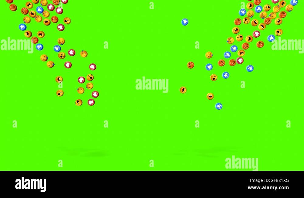 Many small circular symbols (emoji, smiles, likes, hearts) falling down ...