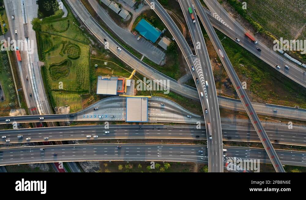 Aerial view and Top view. Traffic of expressways, motorways and ...