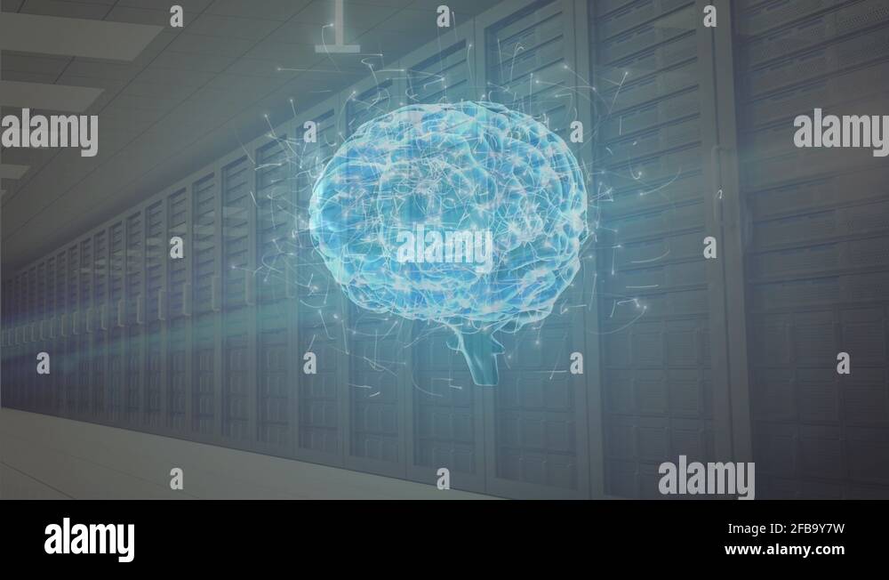 Digital composite of the human brain and binary codes inside a server ...