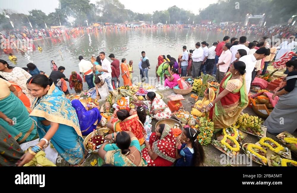 Big crowd of Hindu devotees celebrate and worship in Chat puja festival ...