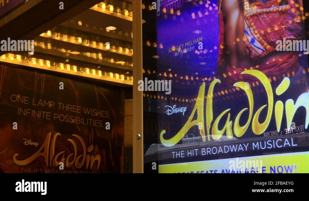Disney's Aladdin on Broadway. Billboards and Marquee Stock Video ...