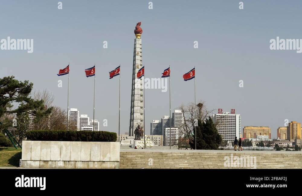 Juche Tower with Flags of DPRK North Korea in Pyongyang Stock Video ...