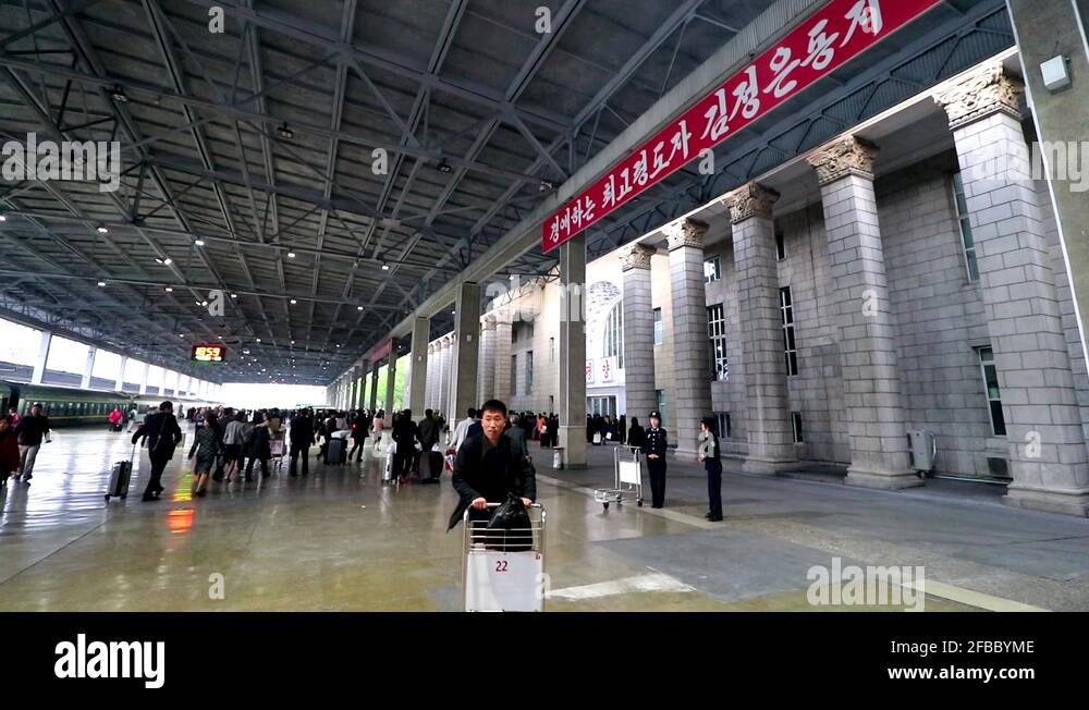 Pyongyang Railway Station with International Train from Dandong in DPRK ...