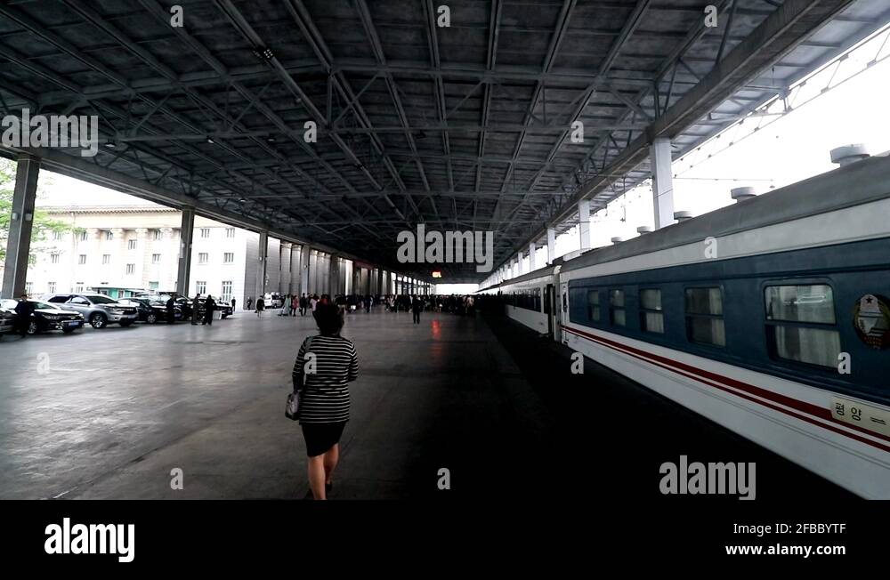 Pyongyang Railway Station with International Train from Dandong in DPRK ...