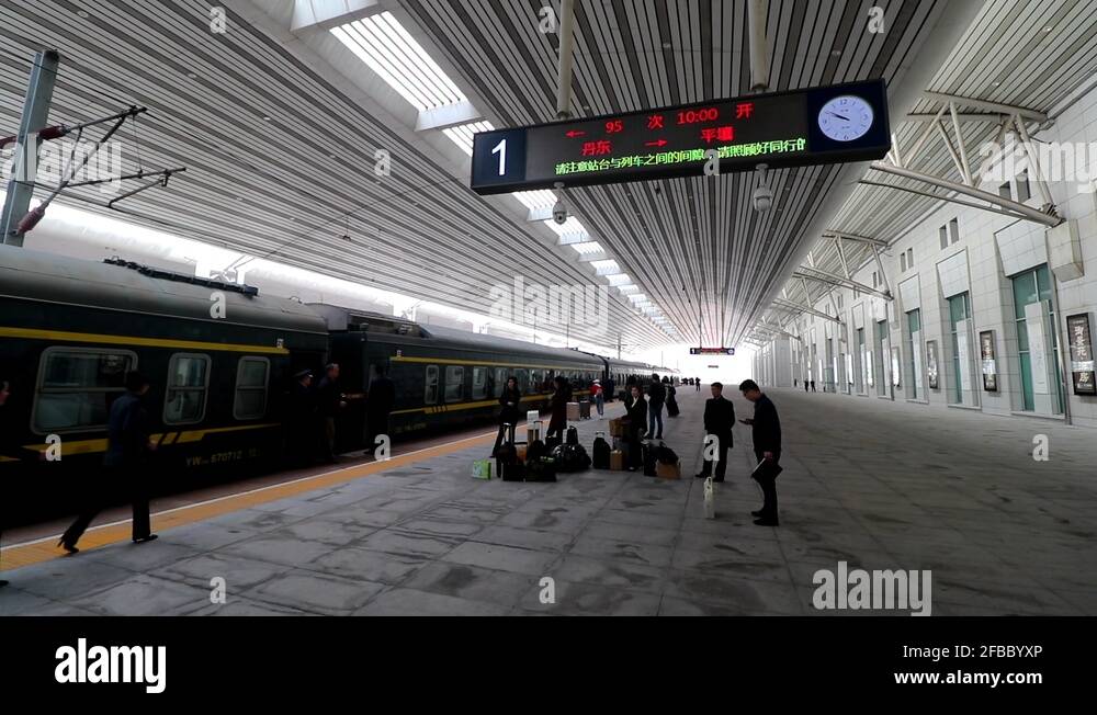 Pyongyang Railway Station with International Train from Dandong in DPRK ...