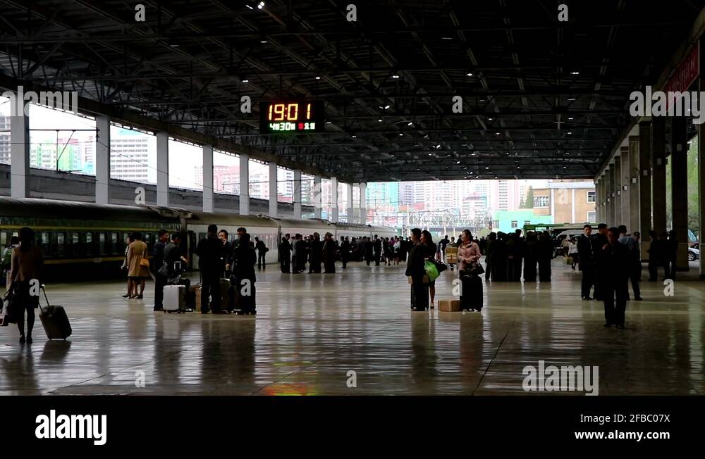 Pyongyang Railway Station with International Train from Dandong in DPRK ...