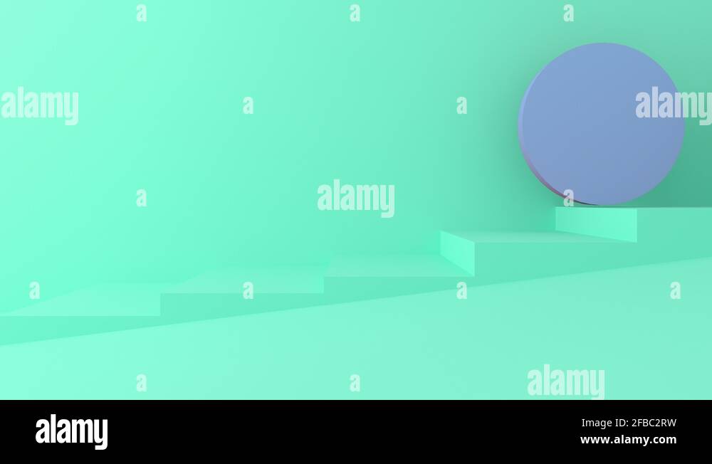 3d blue round objects roll down the green pastel stairs. 4K render ...