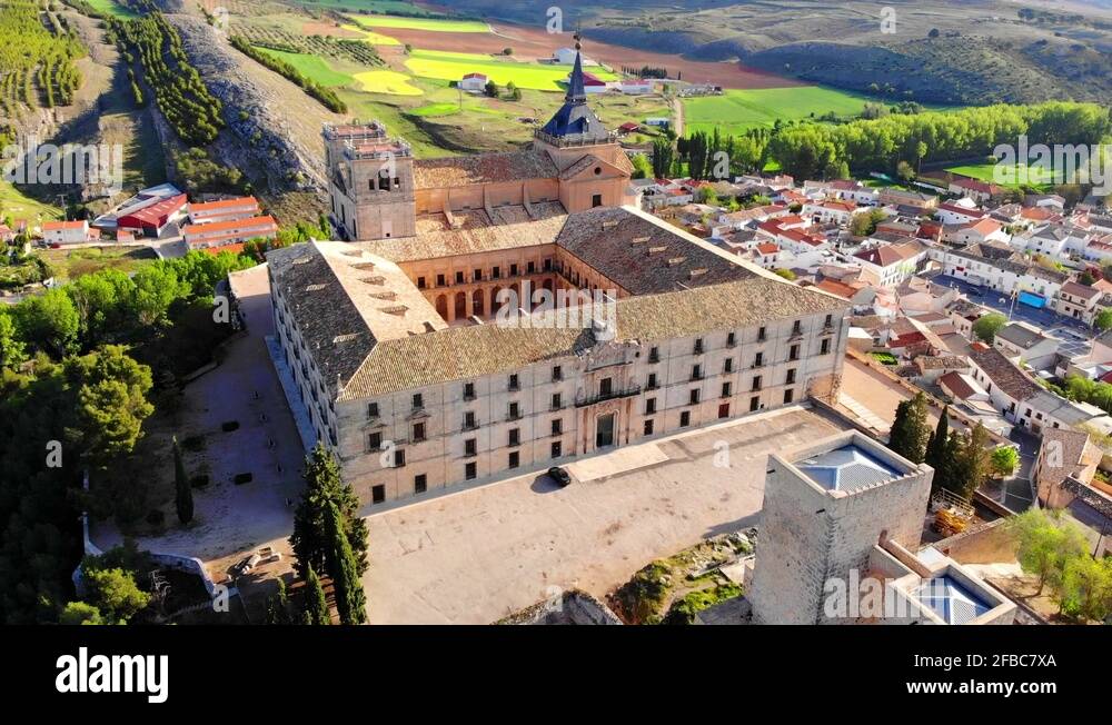 Front God's eye drone footage Ucles Monastery, Cuenca, Spain Stock ...
