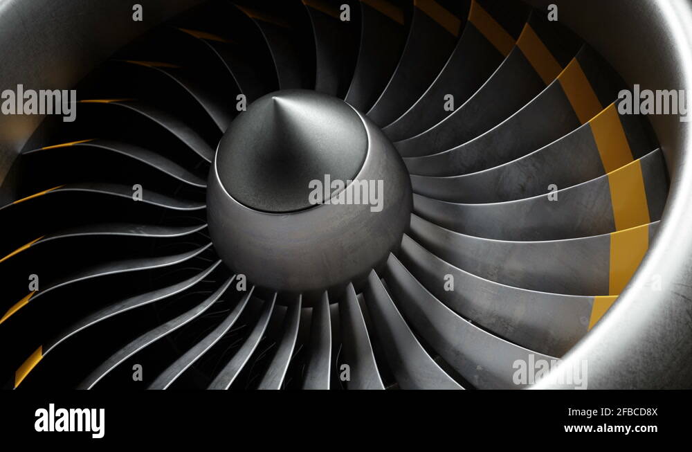 Animation jet engine, close-up view jet engine blades. Front view of a ...