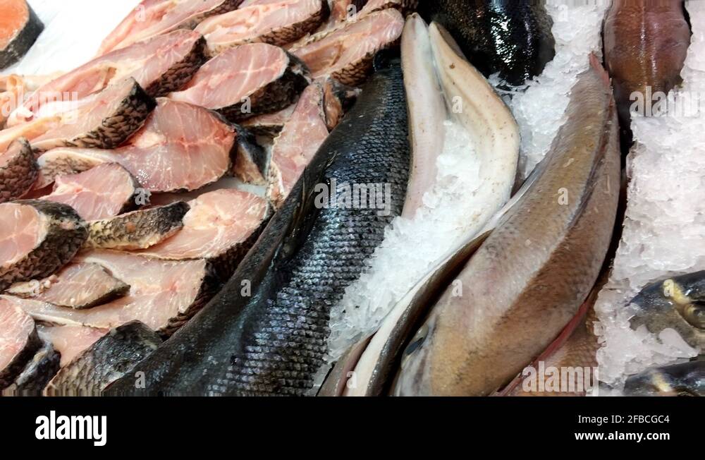 Fresh marine produce, assorted fish of various types and sizes laying ...