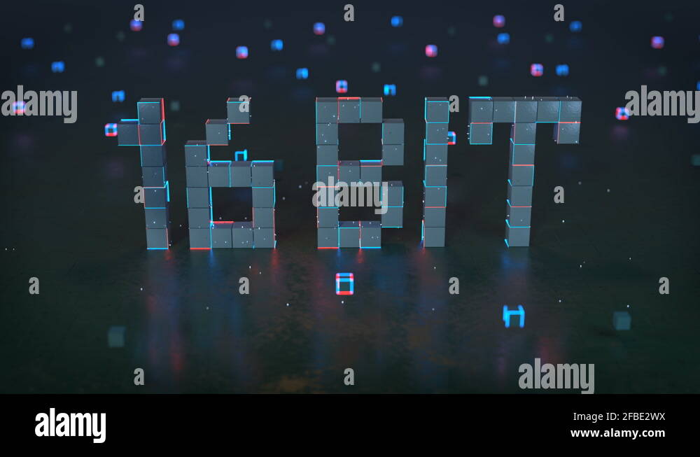 Pixelated text 16 bit on reflective floor seamless loop 3D render ...