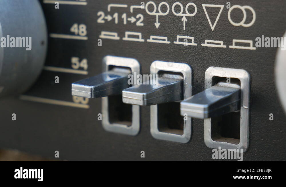 Press a button on a vintage tape recorder, amplifier. Close-up Stock ...