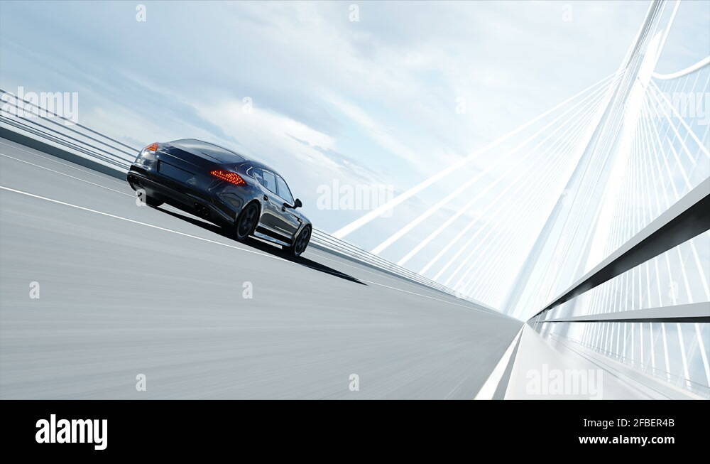 3d model of black sport car on the bridge. Very fast driving. realistic ...
