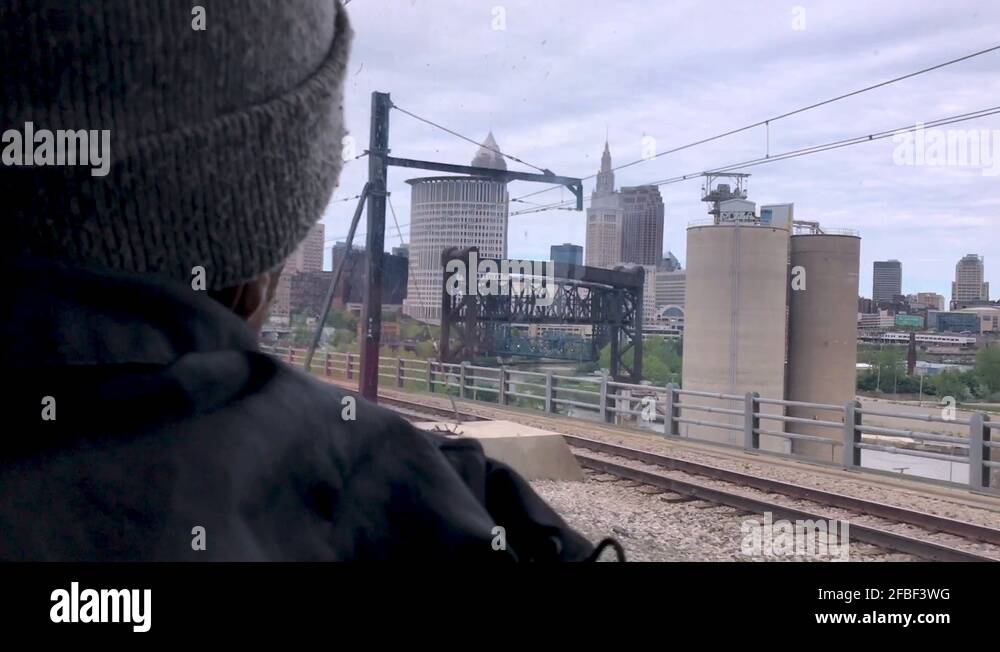 A public train ride into the downtown area of Cleveland, Ohio. Riding ...