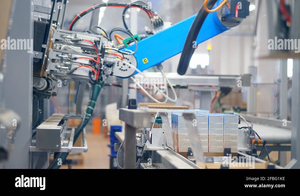 Robotic machines create carton boxes on industrial line at a plant ...