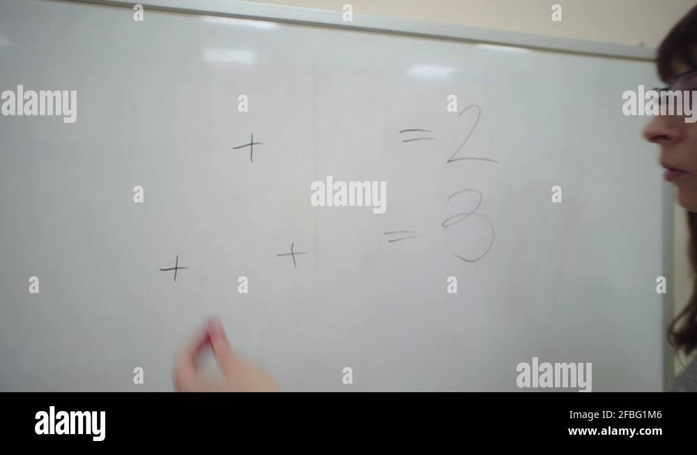 Teacher stands at whiteboard and explains rules of addition in ...