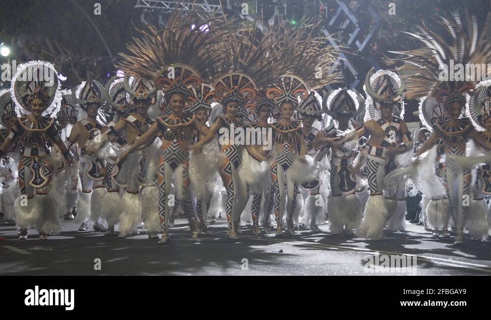 Carnival Dance Group in Costumes and Big Hats Dancing on Street of ...