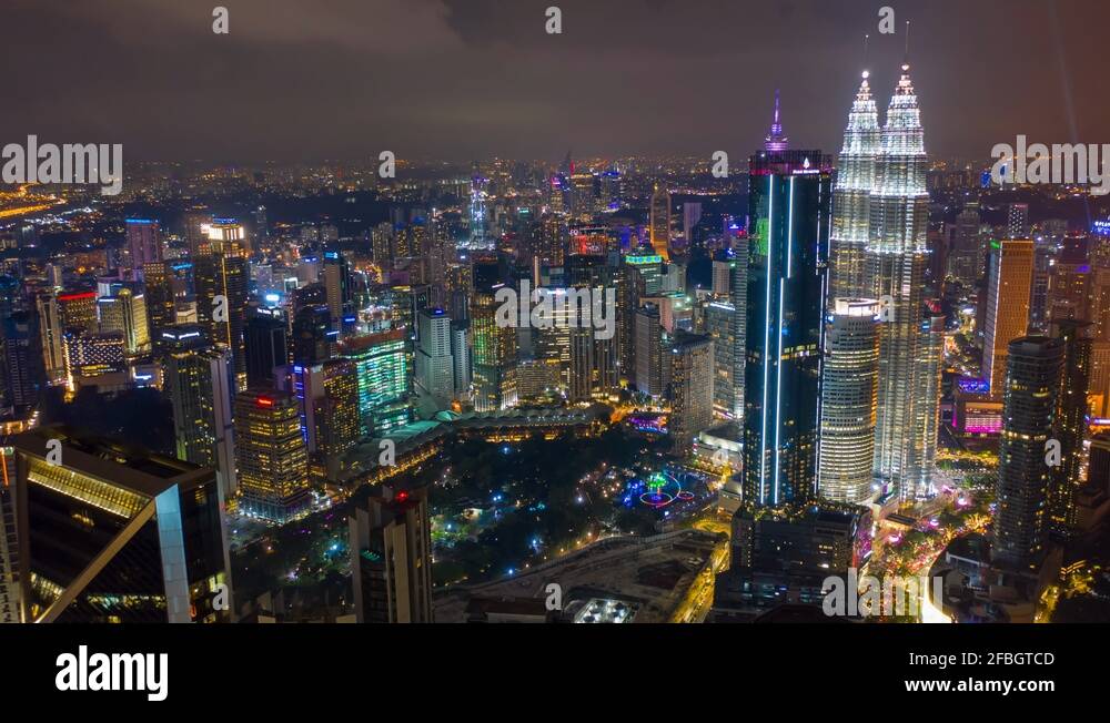 kuala lumpur night time illuminated aerial panorama 4k timelapse ...